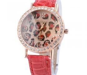 Fashion Round Leopard Pattern Dial Analog Strap Watch With Crystal ...