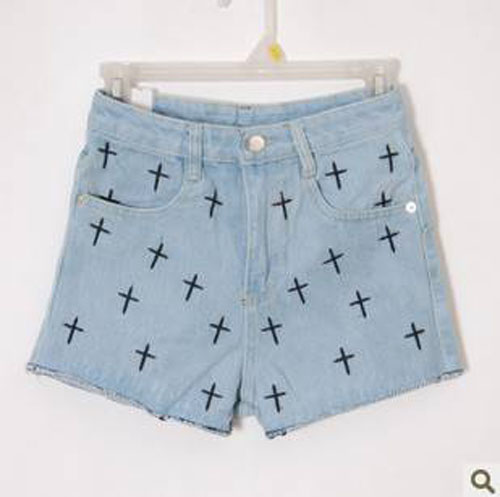 Women Vintage Embroidery Cross Light Color High Waist Denim Shorts + on ...