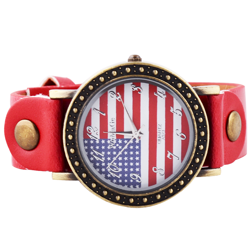 Fashion Round Dial Analog Us Flag Strap Watch(red) (yw00020r) on Luulla