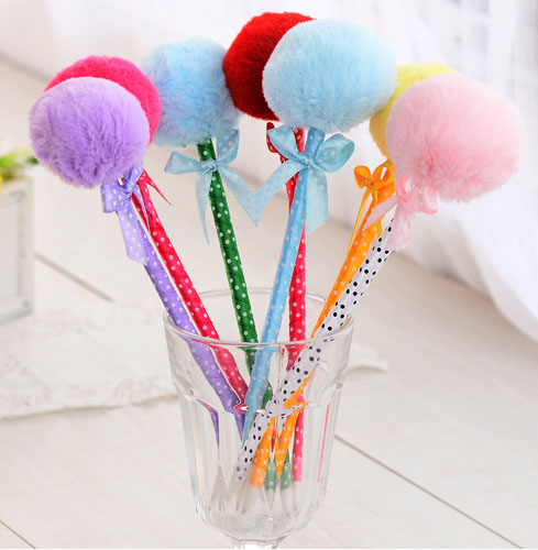 5 Pcs Cute Plush Ball Lollipop Bowknot Ball-point Pen (wjb0012) on Luulla