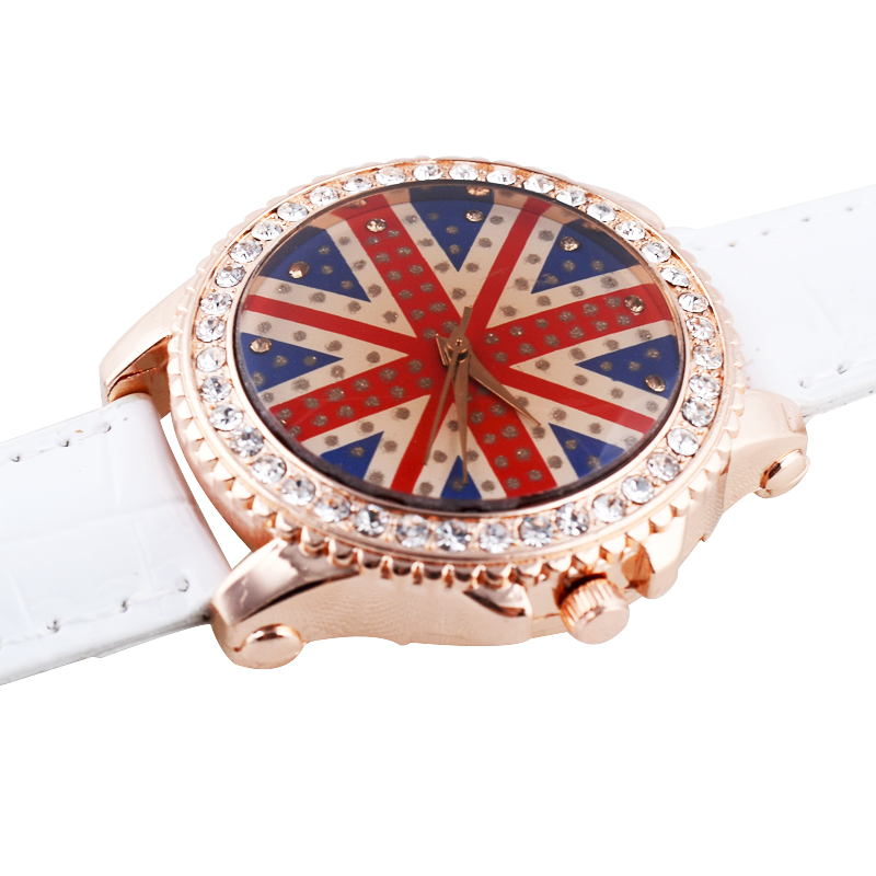 Fashion Round Dial Analog Uk Flag Strap Watch With Crystal Decoration ...