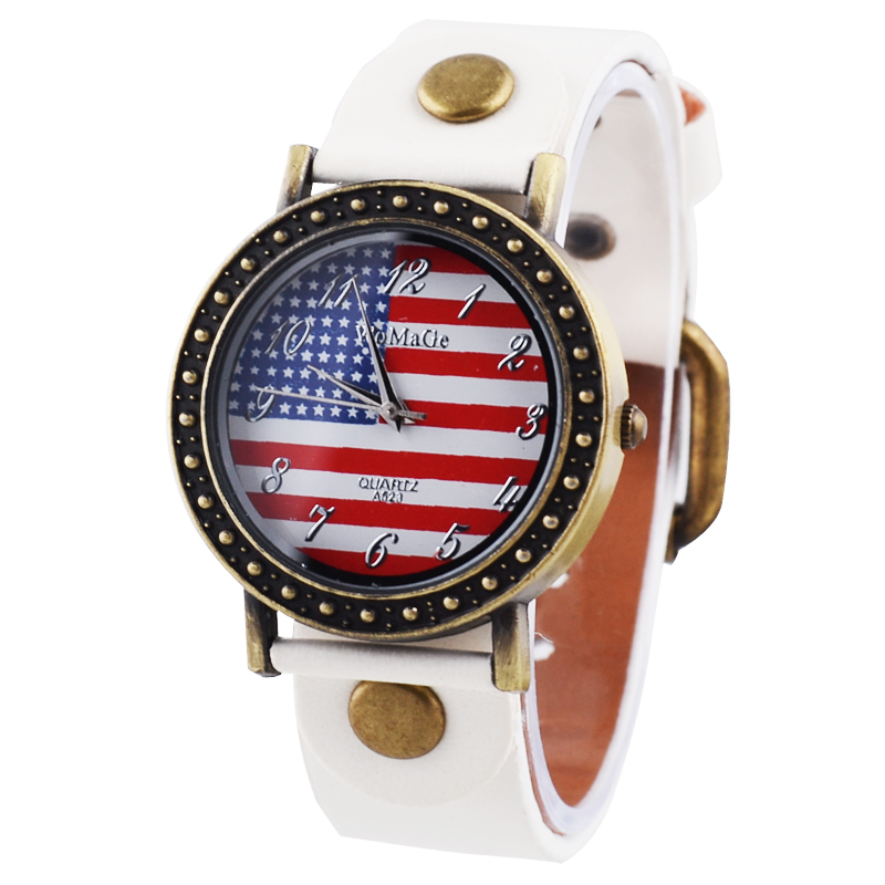 Fashion Round Dial Analog Us Flag Strap Watch(white) (yw00020w) on Luulla