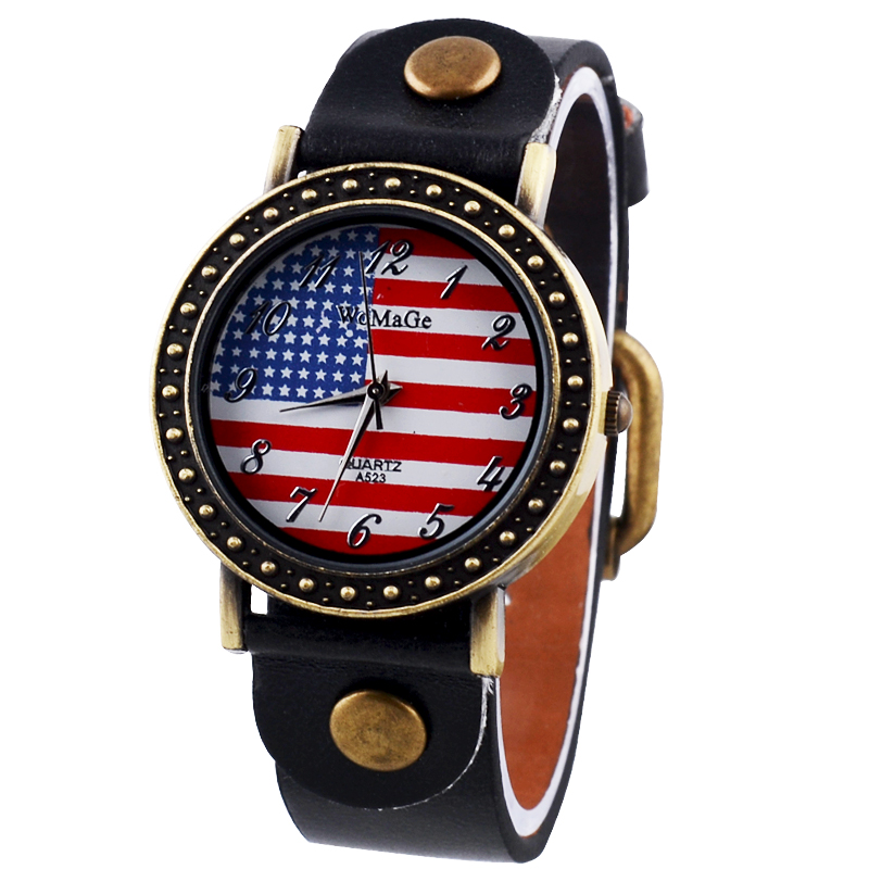 Fashion Round Dial Analog Us Flag Strap Watch(black) (yw00020b) on Luulla
