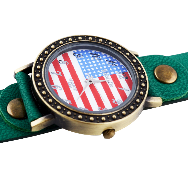 Fashion Round Dial Analog Us Flag Strap Watch(green) (yw00020g) on Luulla