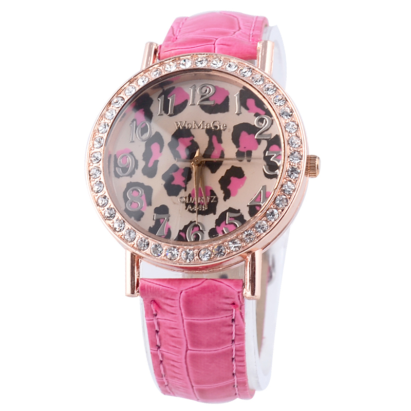 Fashion Round Leopard Pattern Dial Analog Strap Watch With Crystal ...