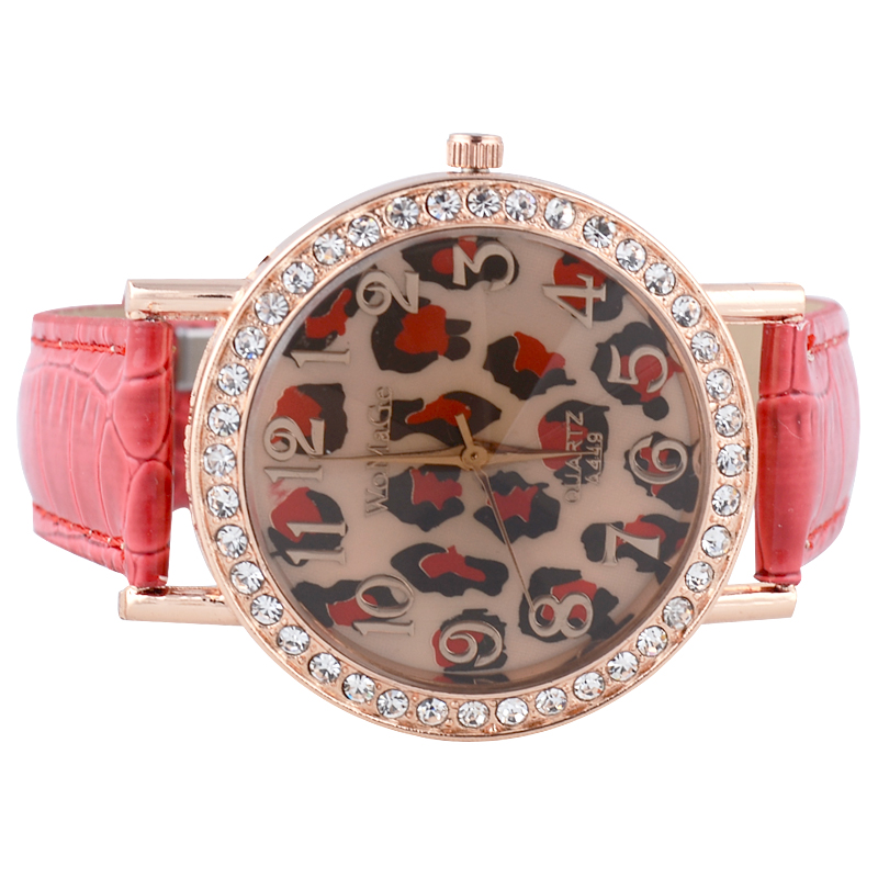 Fashion Round Leopard Pattern Dial Analog Strap Watch With Crystal ...