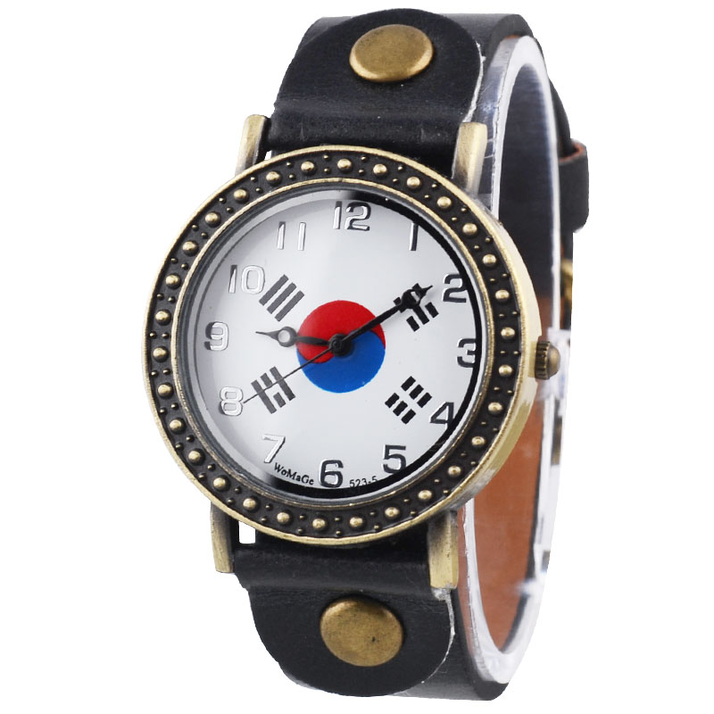Fashion Korea Flag Round Dial Analog Watch With Pu Leather Strap (black ...